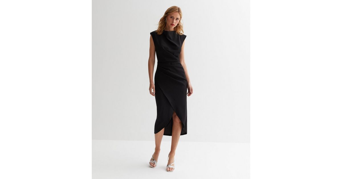 Black High Neck Asymmetric Midi Wrap Dress | New Look