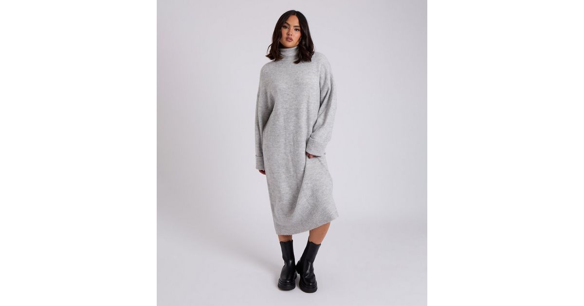 Urban Bliss Grey Ribbed Knit Roll Neck Midi Dress | New Look