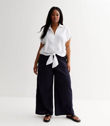 Curves White Linen Blend Tie Front Shirt | New Look