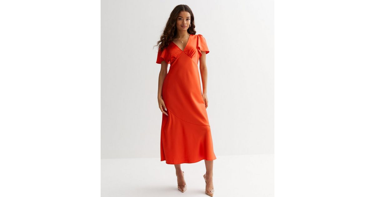 Petite Orange Satin Flutter Sleeve Midi Dress | New Look