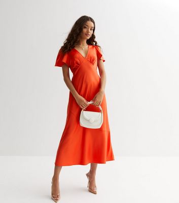 Petite Orange Satin Flutter Sleeve Midi Dress | New Look