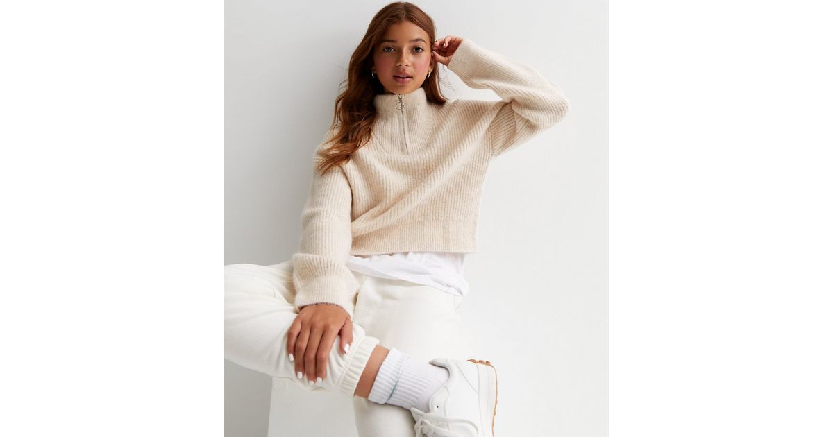 Girls Cream Ribbed Zip High Neck Jumper | New Look