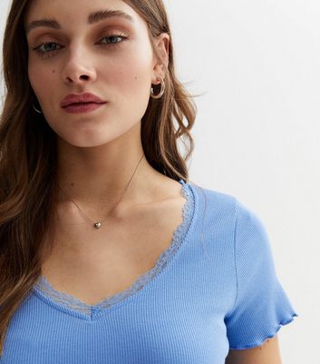 Blue Ribbed Lace Trim Top | New Look