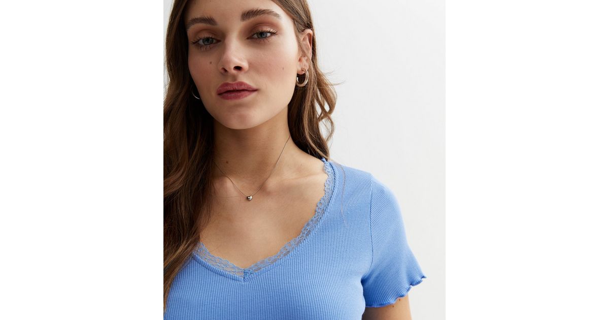 Blue Ribbed Lace Trim Top | New Look