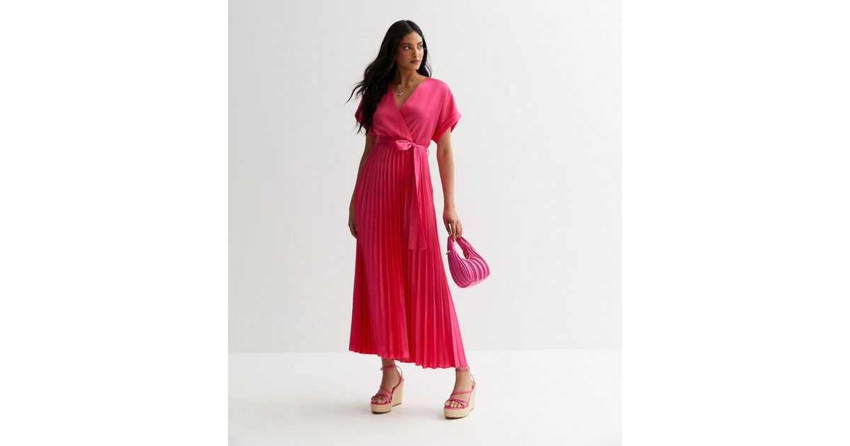 Deep Pink Satin Pleated Midaxi Wrap Dress | New Look