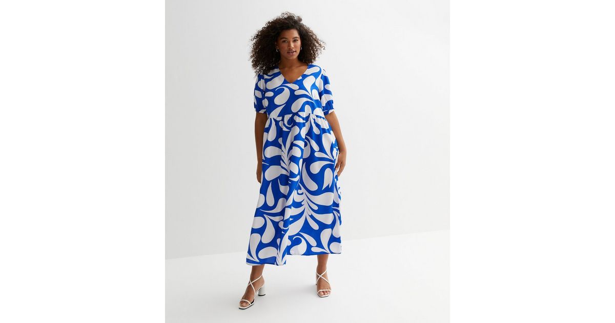 Curves Blue Abstract V Neck Midi Smock Dress | New Look
