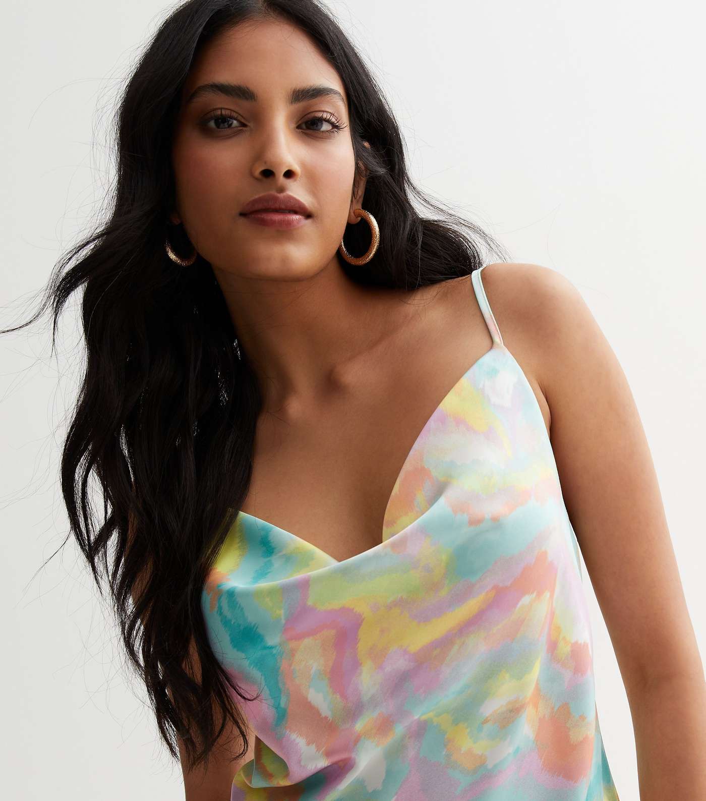 Multicoloured Swirl Satin Cowl Neck Midi Dress New Look