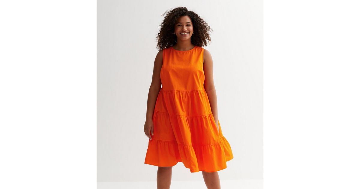 Curves Bright Orange Tiered Midi Dress | New Look