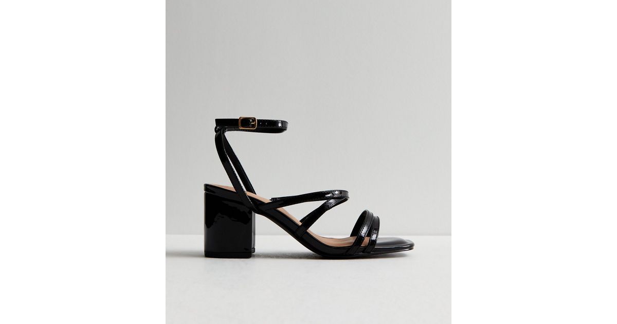 Extra Wide Fit Black Patent Strappy Mid Block Heel Sandals New Look