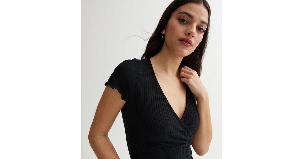 Black Ribbed Jersey Frill Short Sleeve Wrap Top | New Look