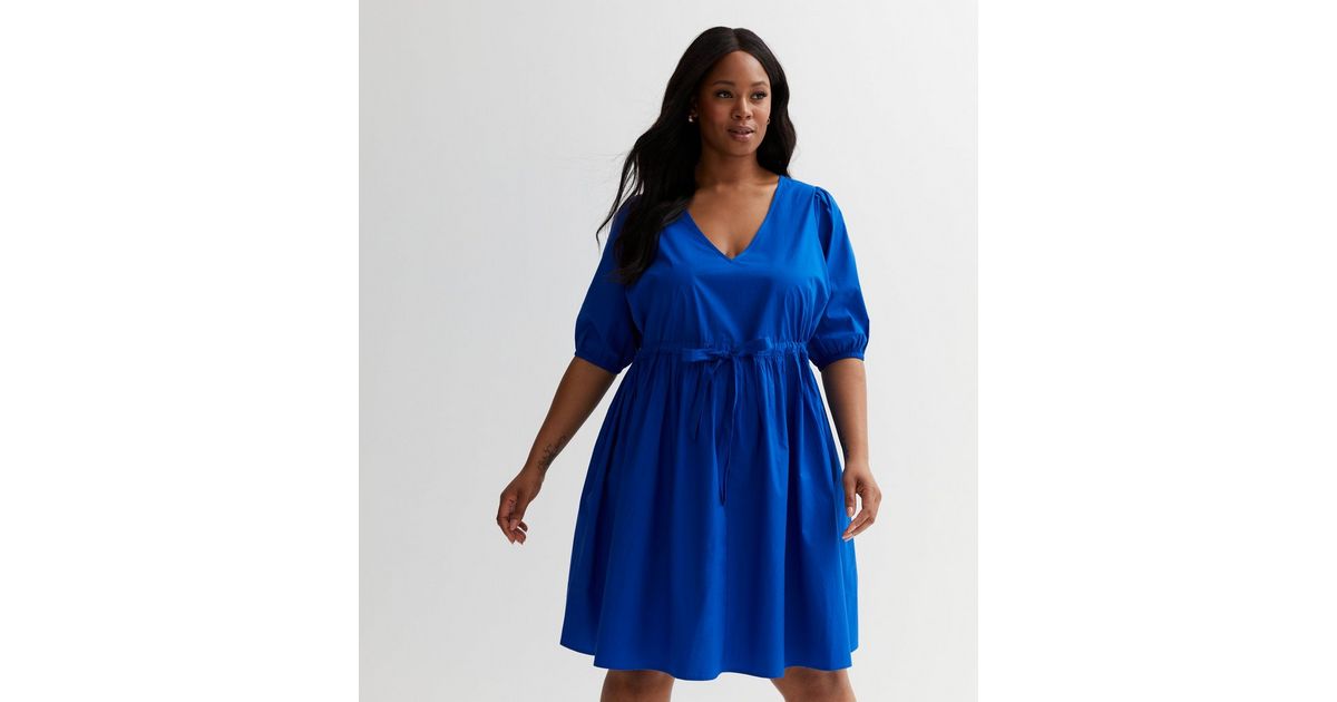 Curves Bright Blue Poplin Drawstring Mini Dress | New Look