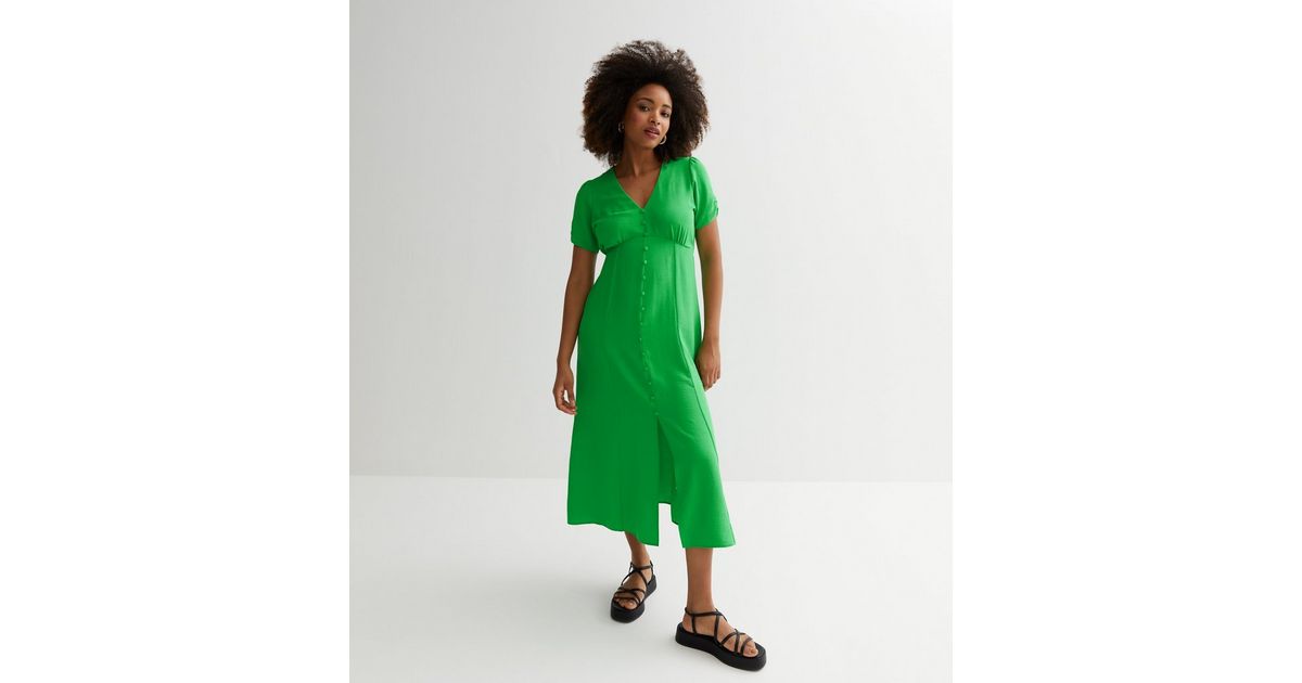 Green Ruched Puff Sleeve Button Front Midi Dress New Look
