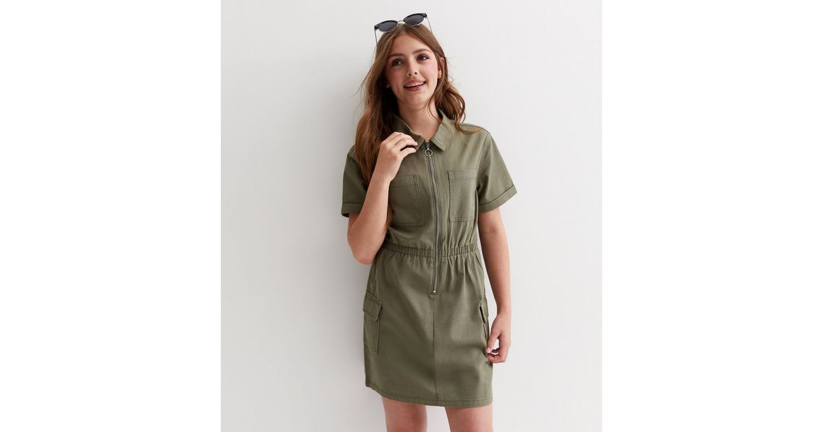 Girls Khaki Cotton Utility Mini Dress | New Look
