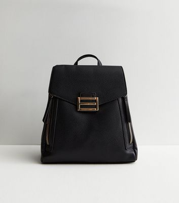 Black Leather-Look Square Buckle Backpack | New Look