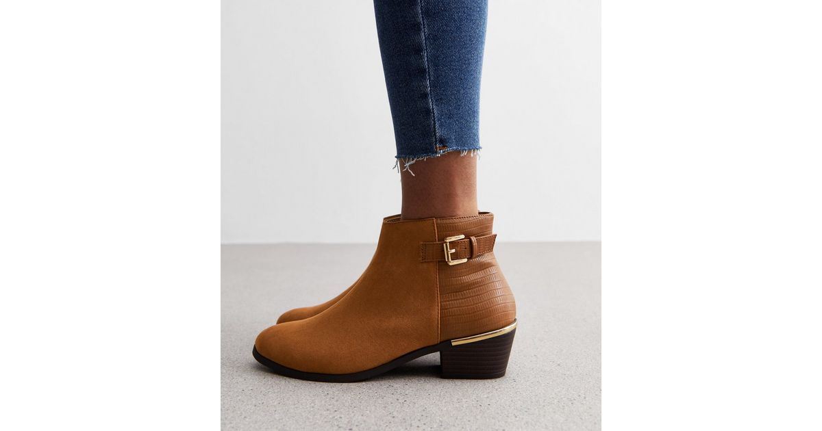 Tan Suedette Buckle Block Heel Ankle Boots | New Look