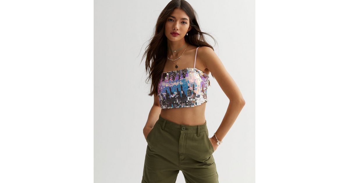 Silver Sequin Strappy Crop Top | New Look