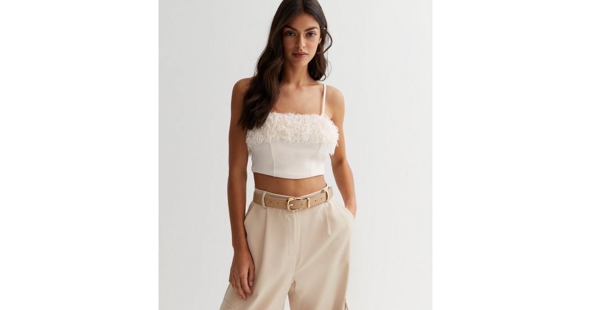 White Fluffy Trim Strappy Crop Top | New Look