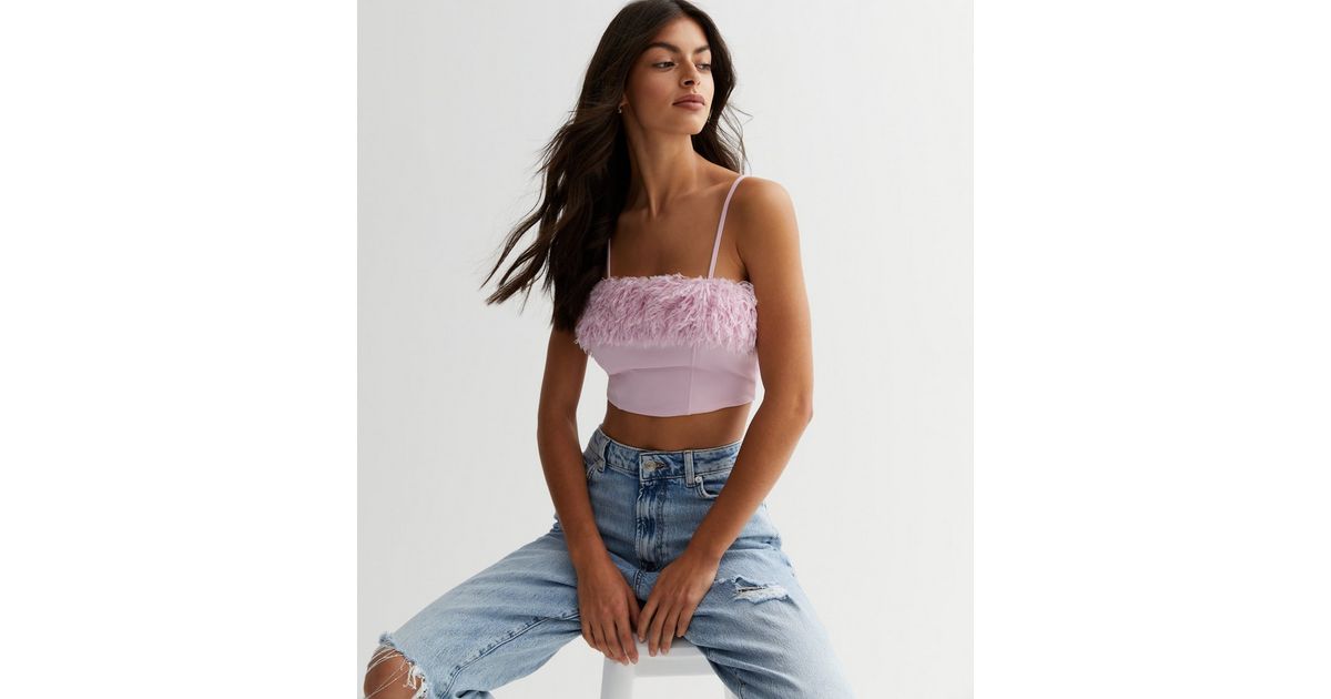 Mid Pink Fluffy Trim Strappy Crop Top | New Look