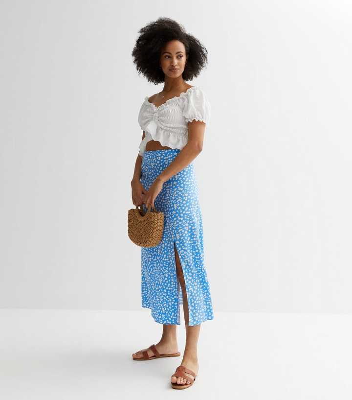 Tall Blue Spot Split Hem Midi Skirt | New Look