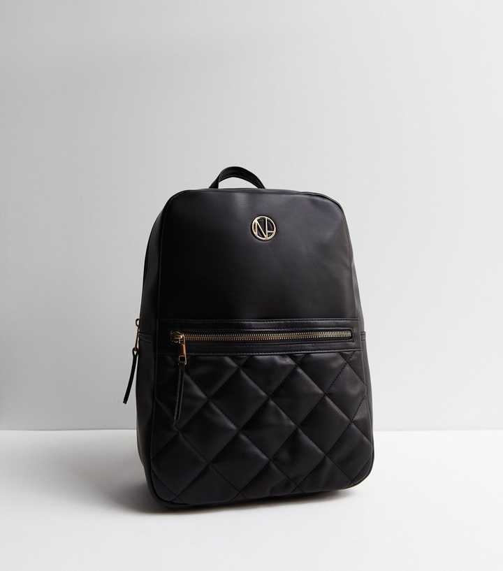 Black Leather-Look Quilted Pocket Front Backpack | New Look