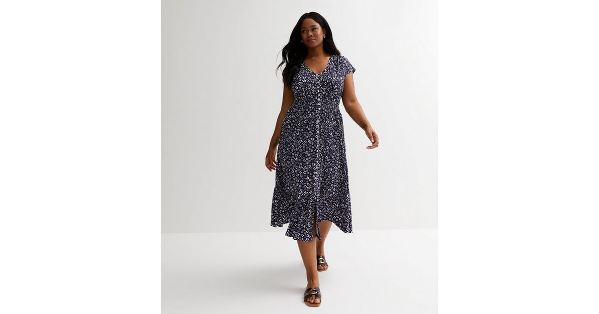 Blue Vanilla Curves Navy Button Through Midi Dress | New Look