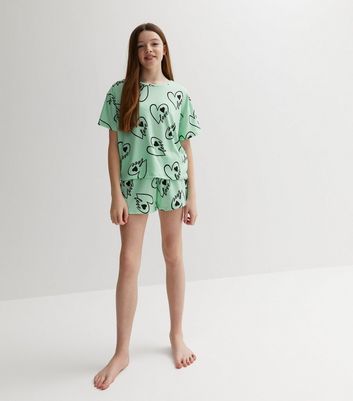 Girls Green Short Pyjama Set with Heart Print | New Look