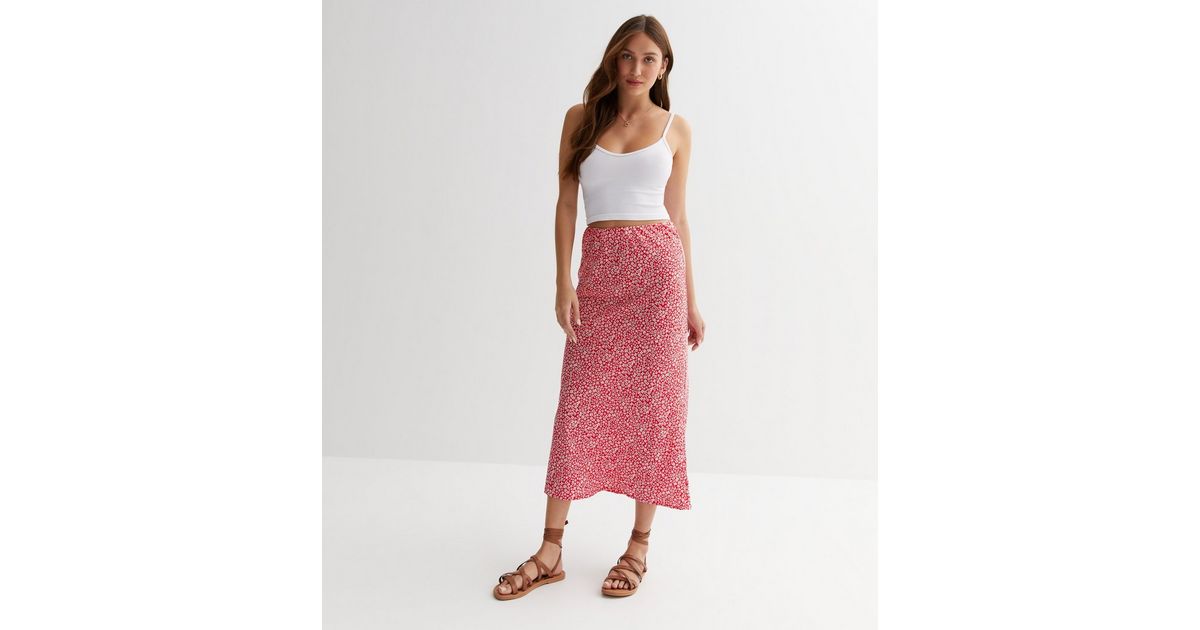 Influence Red Ditsy Floral Midi Skirt | New Look