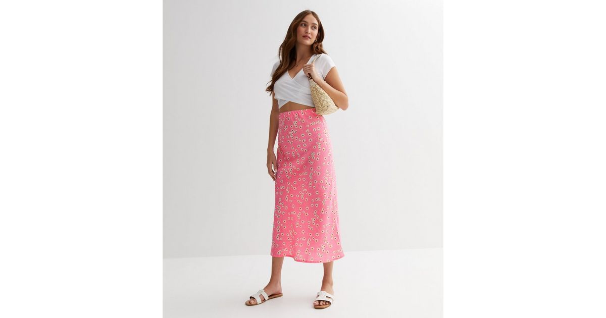 Influence Pink Ditsy Floral Spot Midi Skirt | New Look