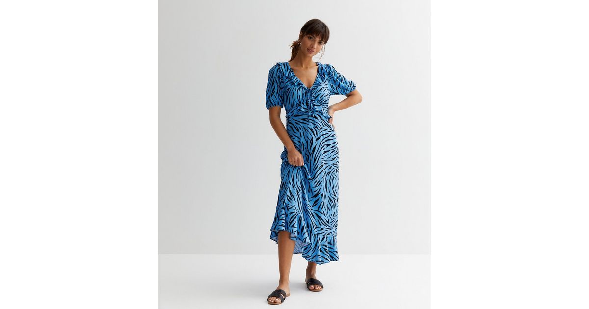 Blue Zebra Print Frill Midi Dress | New Look