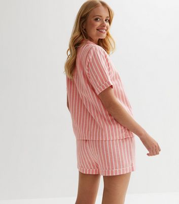 Pink Cotton Revere Short Pyjama Set with Stripe Print | New Look