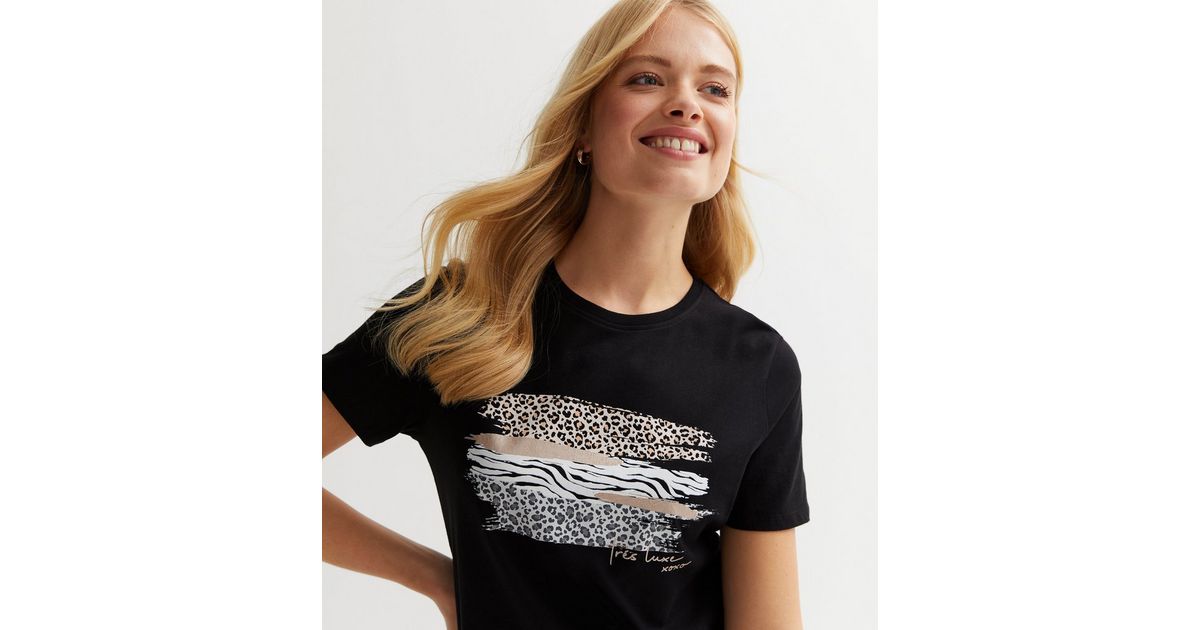 Black Metallic Tres Luxe Animal Print Logo T-Shirt | New Look