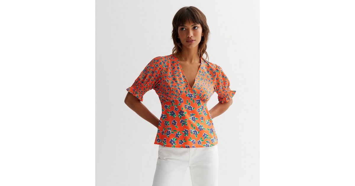 Orange Floral Shirred Sleeve Top | New Look