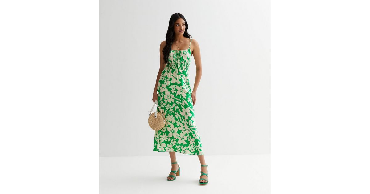 Green Floral Shirred Midi Slip Dress | New Look