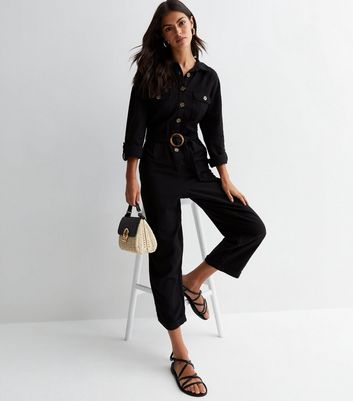 Black Cotton Belted Button Front Jumpsuit | New Look