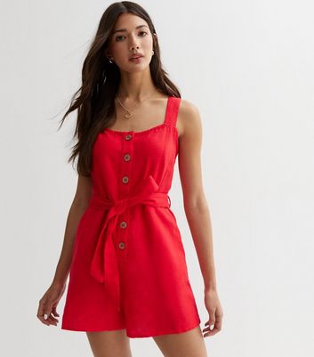 Red Cotton Button Front Playsuit | New Look