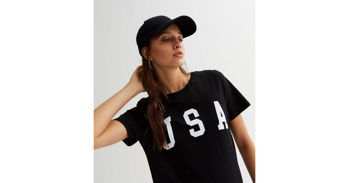 Black USA Varsity Logo T-Shirt | New Look