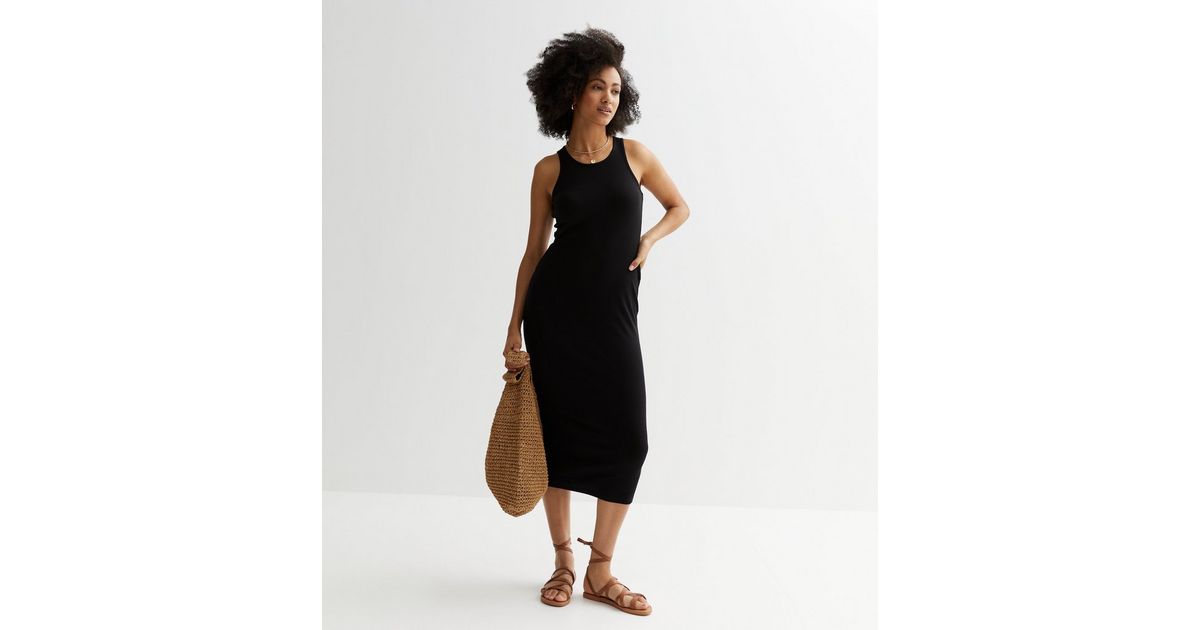 Tall Black Ribbed Racer Midi Dress | New Look
