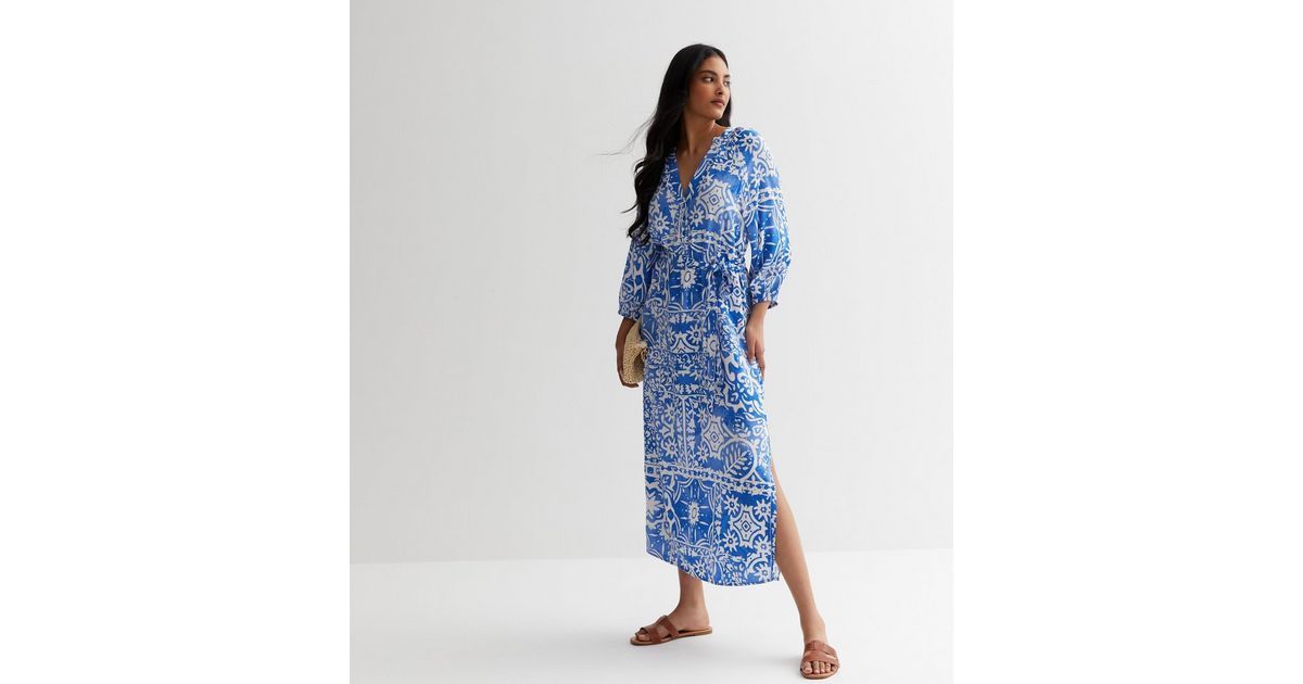 Blue Tile Print Puff Sleeve Midaxi Dress | New Look