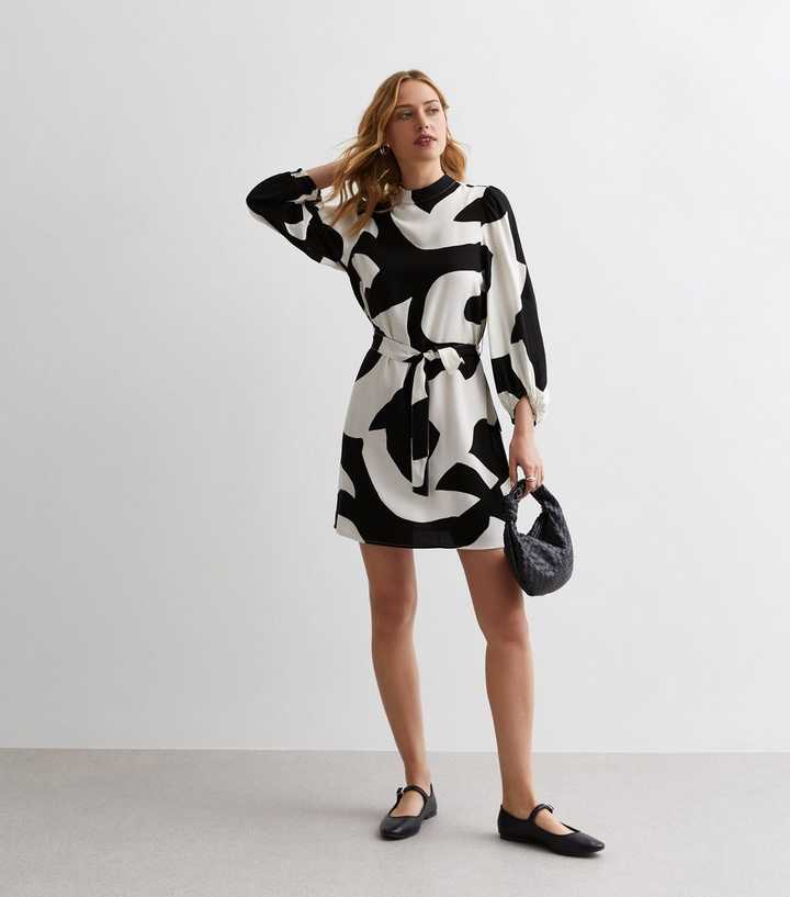 Black Swirl High Neck Belted Mini Dress | New Look