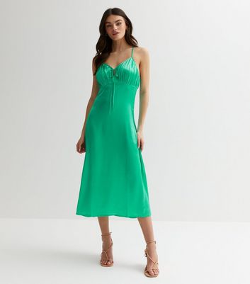 Influence Green Satin Ruched Tie Front Midi Dress | New Look