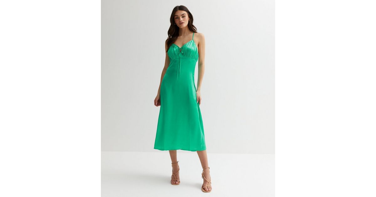 Influence Green Satin Ruched Tie Front Midi Dress | New Look