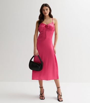 Influence Deep Pink Satin Ruched Tie Front Midi Dress | New Look