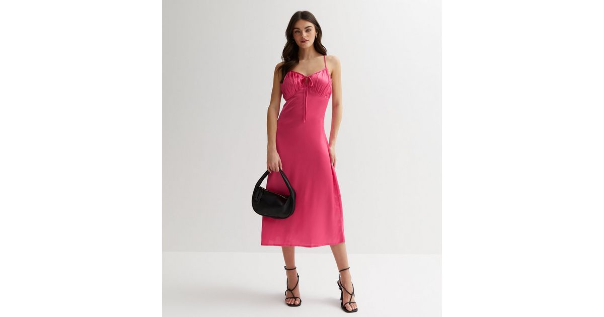 Influence Deep Pink Satin Ruched Tie Front Midi Dress | New Look
