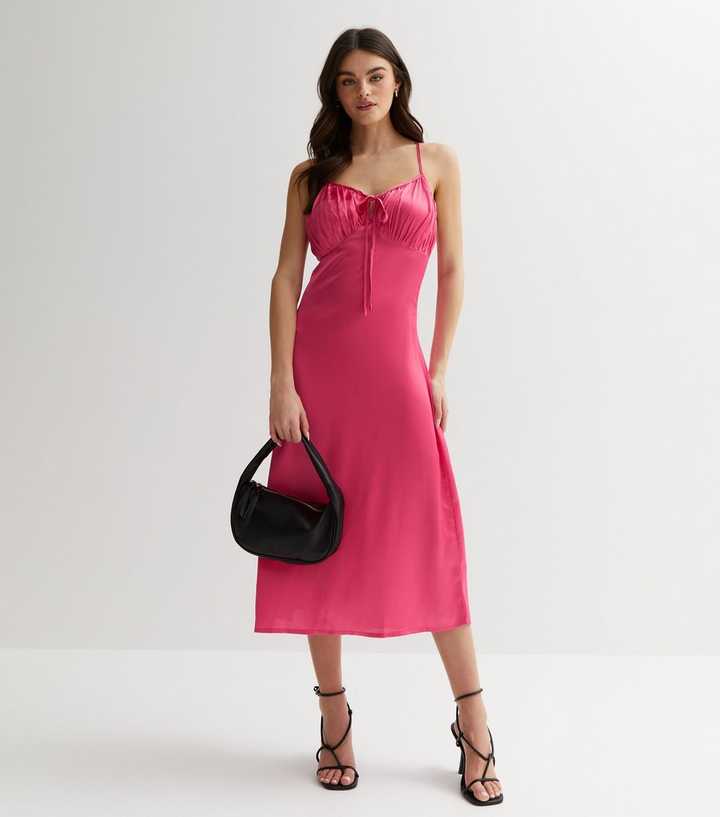 Influence Deep Pink Satin Ruched Tie Front Midi Dress | New Look