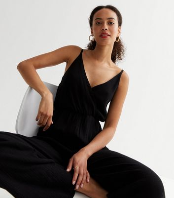 Tall Black Cotton Strappy Wrap Jumpsuit | New Look