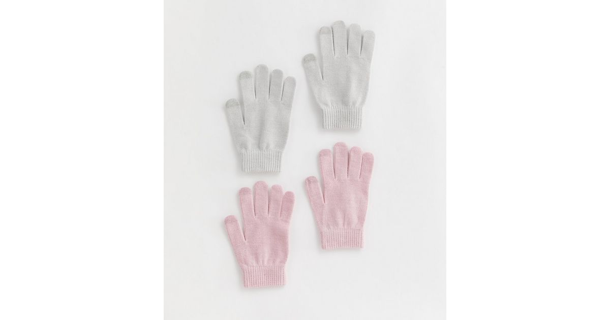 Girls 2 Pack Light Grey and Pink Glitter Magic Gloves | New Look