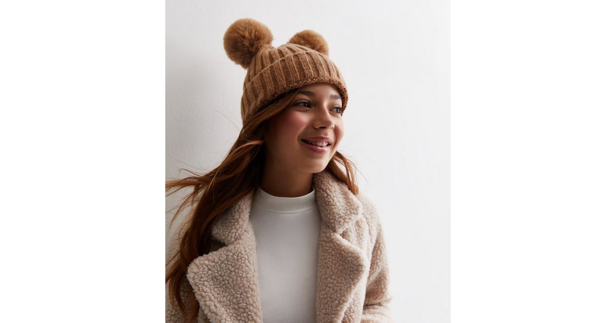 Girls Camel Ribbed Double Pom Pom Bobble Hat | New Look