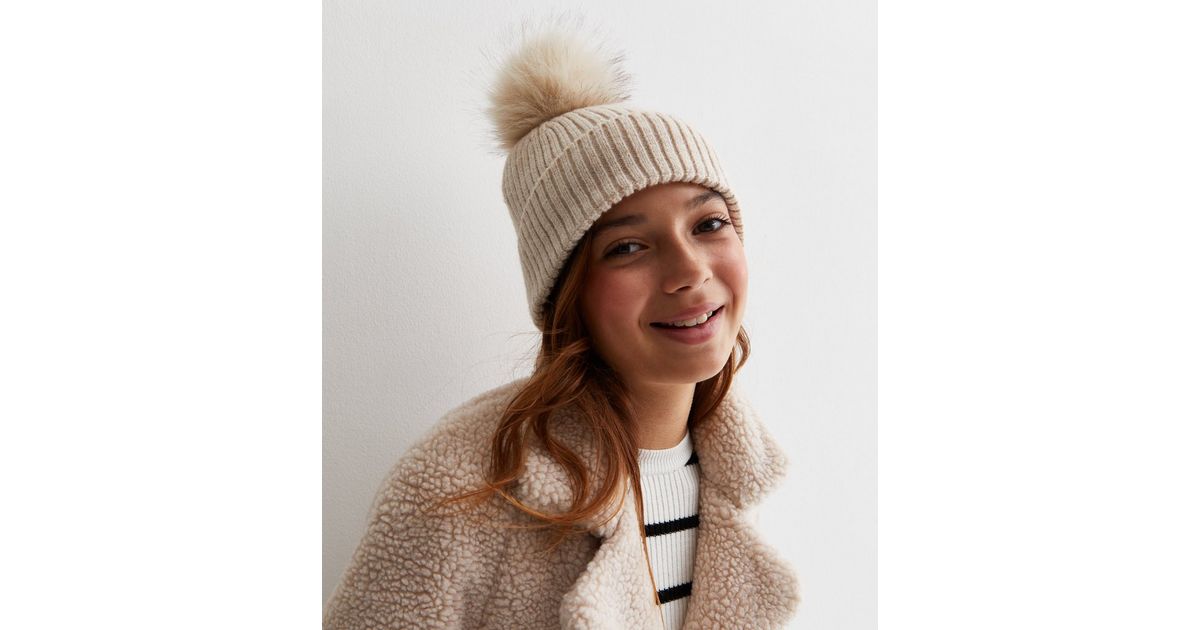 Girls Cream Ribbed Pom Pom Bobble Hat | New Look