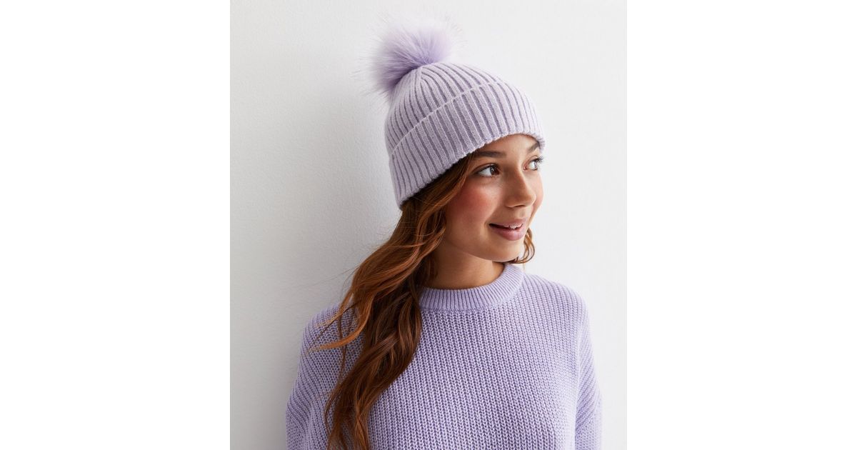 Lilac Ribbed Pom Pom Bobble Hat | New Look