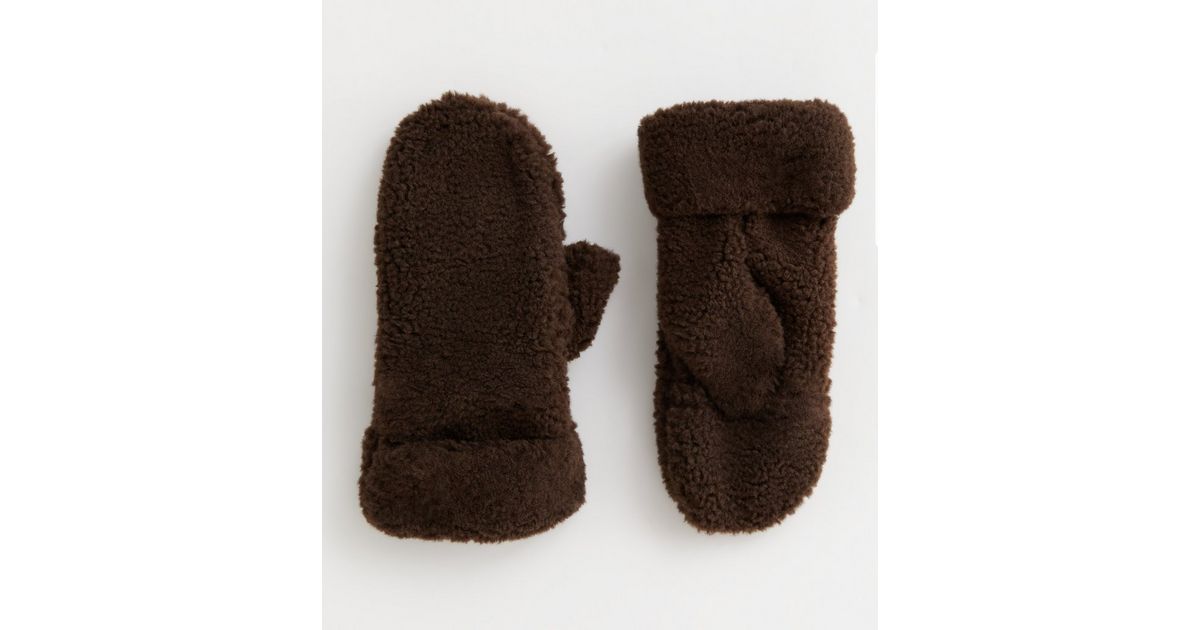 Dark Brown Teddy Mittens | New Look